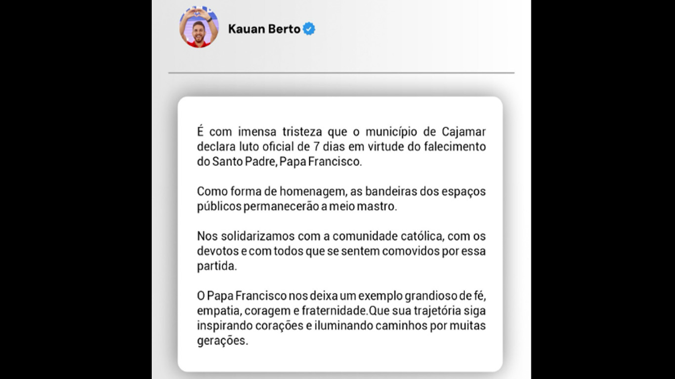 Prefeito de Cajamar decreta luto oficial após morte do Papa Francisco